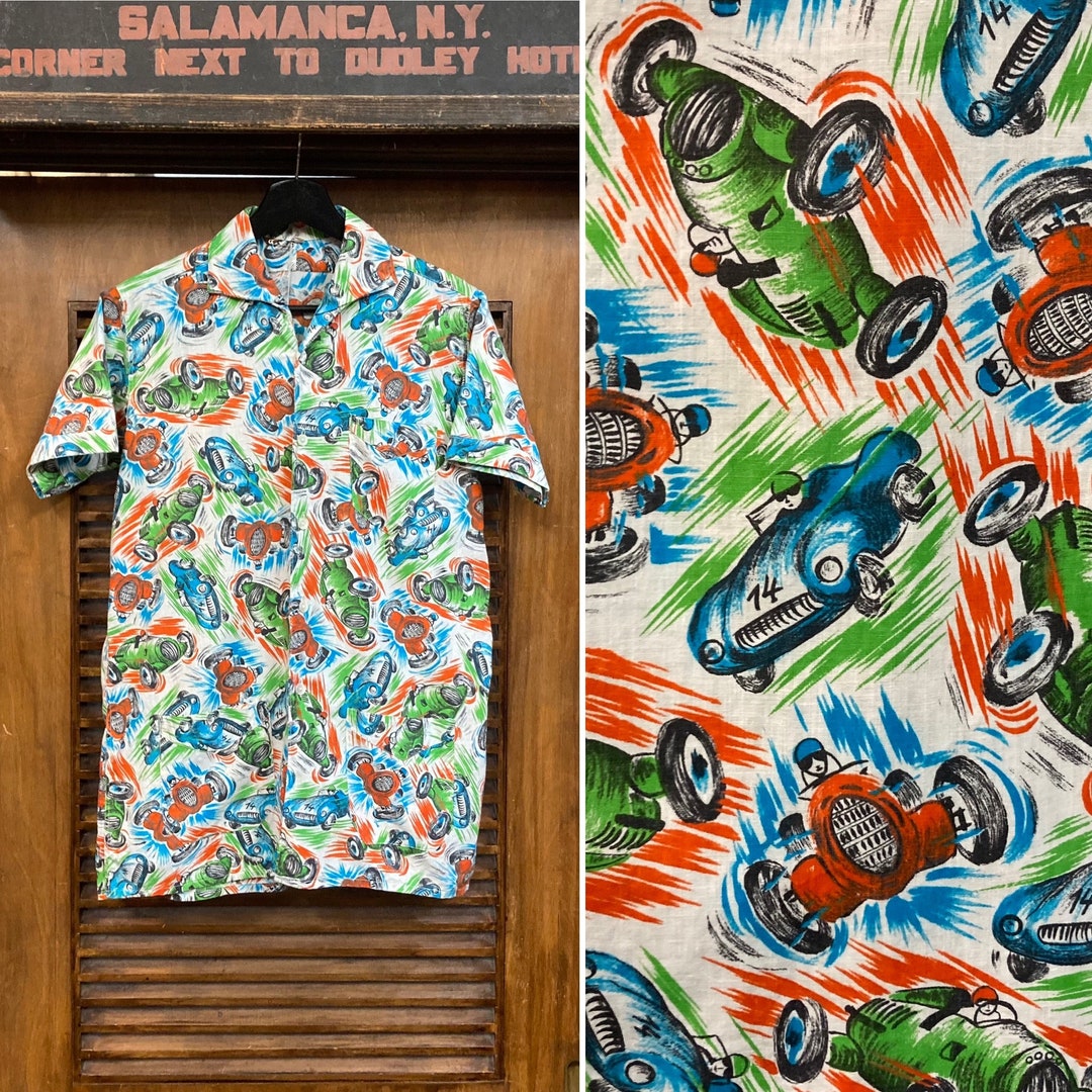 Vintage 1960s Hot Rod Grand Prix Racing Cotton Rockabilly Atomic Print ...
