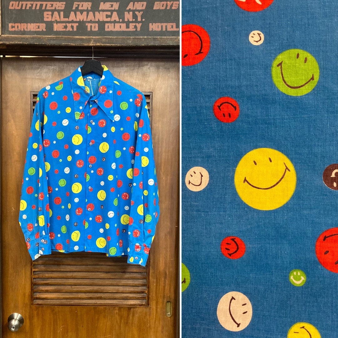 Vintage 1960’s Smiley Face Hippie Disco Glam Cotton Long Sleeve Shirt ...