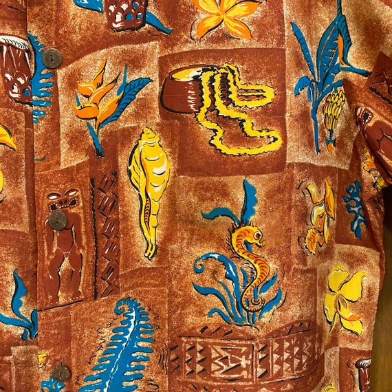 Vintage 1950’s Atomic Tiki Seashell Silk Hawaiian Shi… - Gem