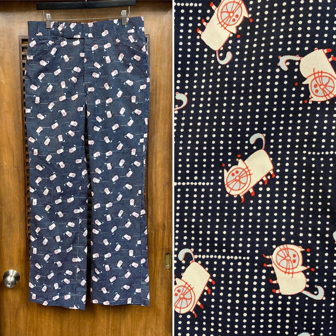 Vintage 1970’s W34 “izod” Cartoon Cat Design Mod Disco Poly Pants, 70’s ...