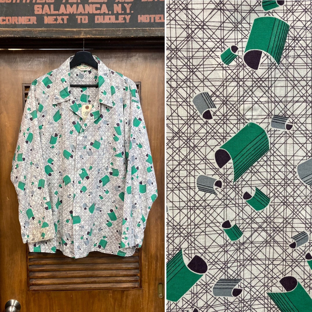 Vintage 1950s Size XL Atomic Pattern Cotton Pajama PJ Rockabilly Shirt ...