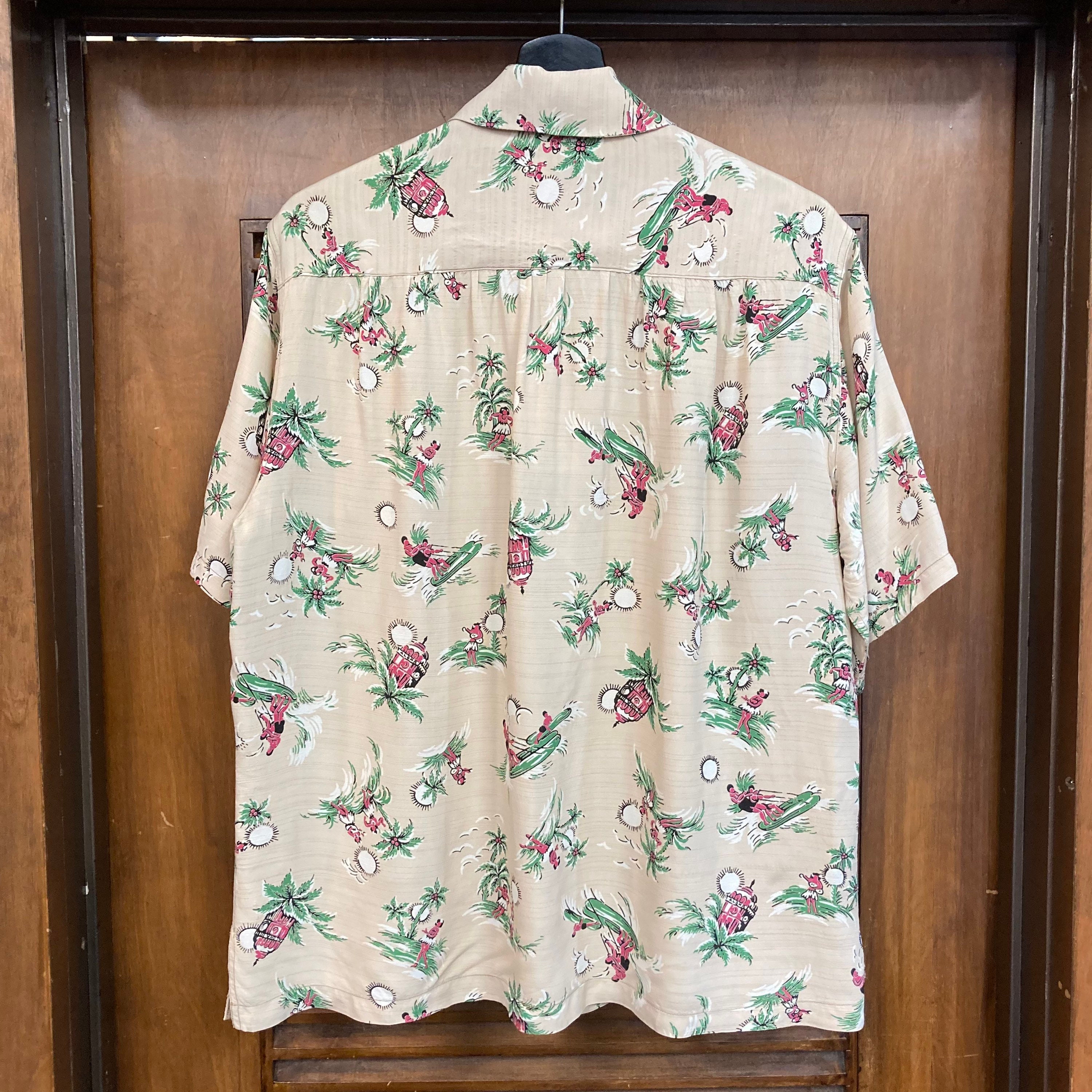 Vintage 1950s Hula Girl Cartoon Surfer Rayon Custom Tiki Hawaiian Shirt ...