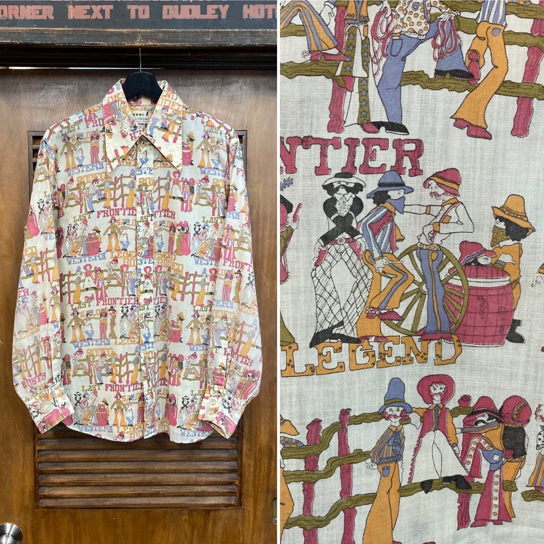 Vintage 1970’s Cartoon Mod Pop Art Cowboy Western Rodeo Disco Shirt, 70 ...