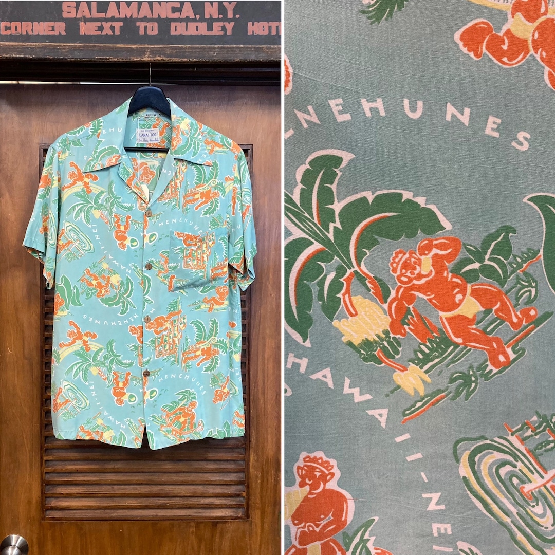 Vintage 1940’s Menehune Mythical Cartoon Tropical Rayon Hawaiian Shirt ...