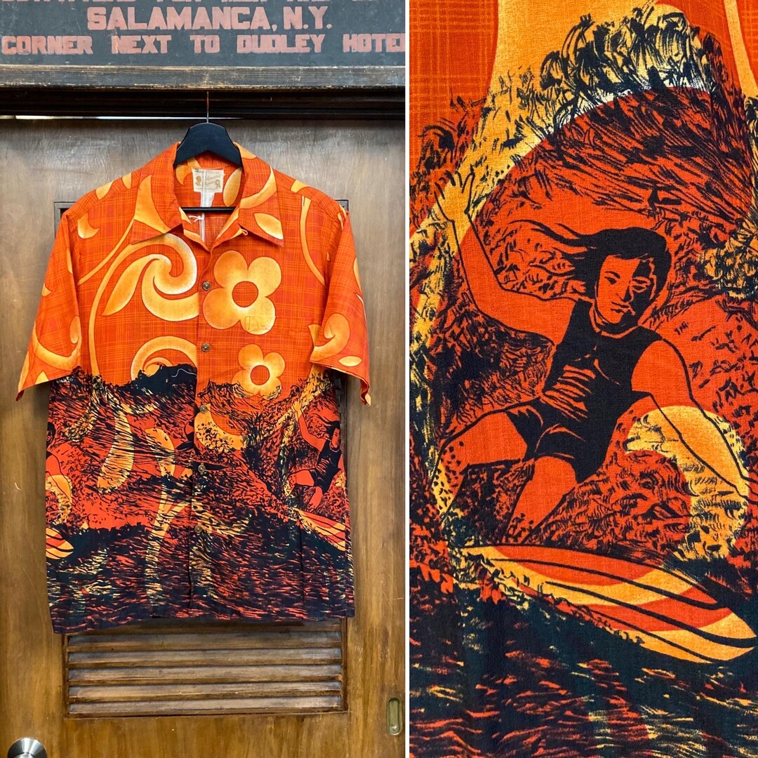 Vintage 1960’s Pop Art Mod Surfer Tiki Border Cotton Barkcloth Hawaiian Shirt, 1960’s Shirt, 60 ...