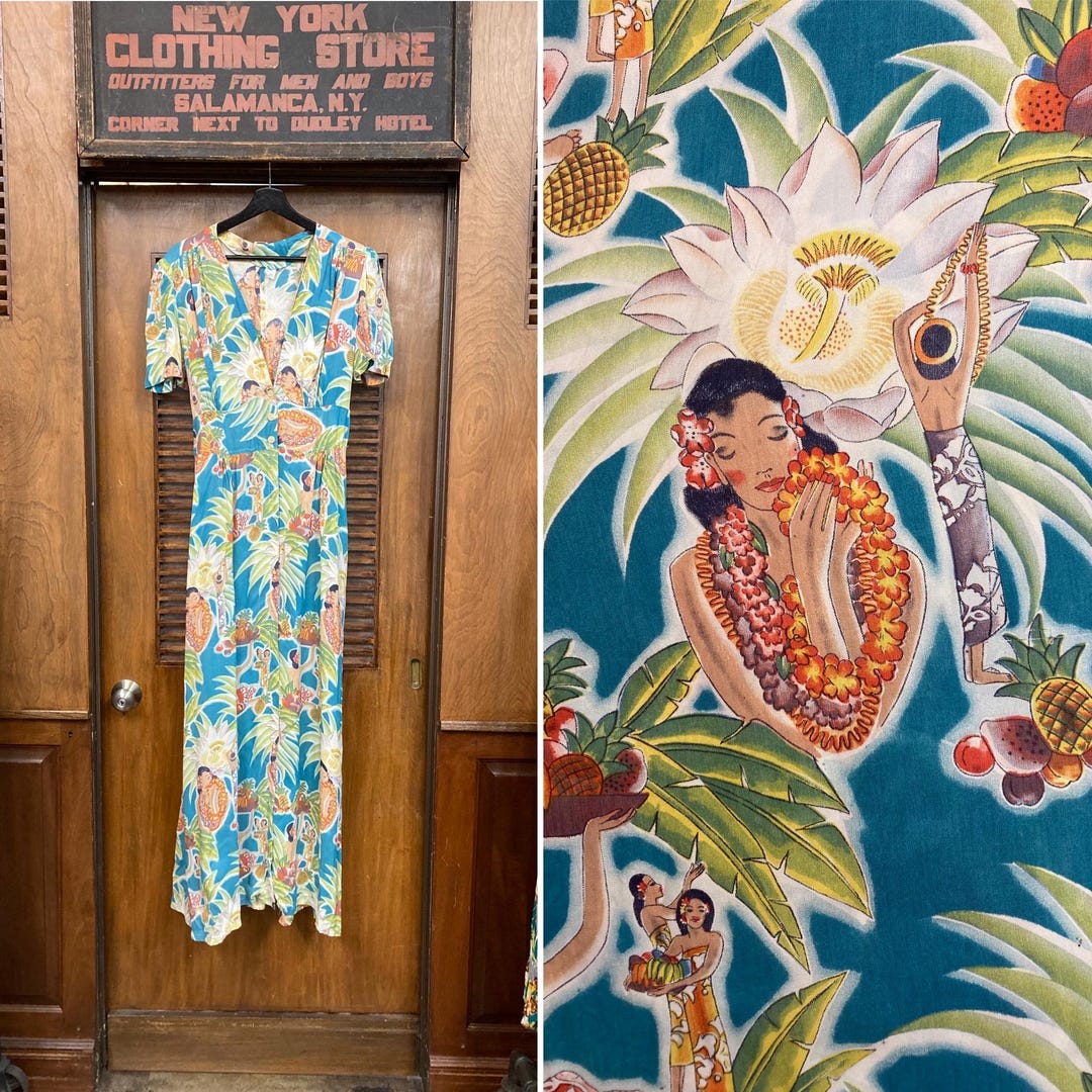 Vintage 1940’s Mcintosh Hula Maiden Silky Rayon Hawaiian Dress, Rayon ...
