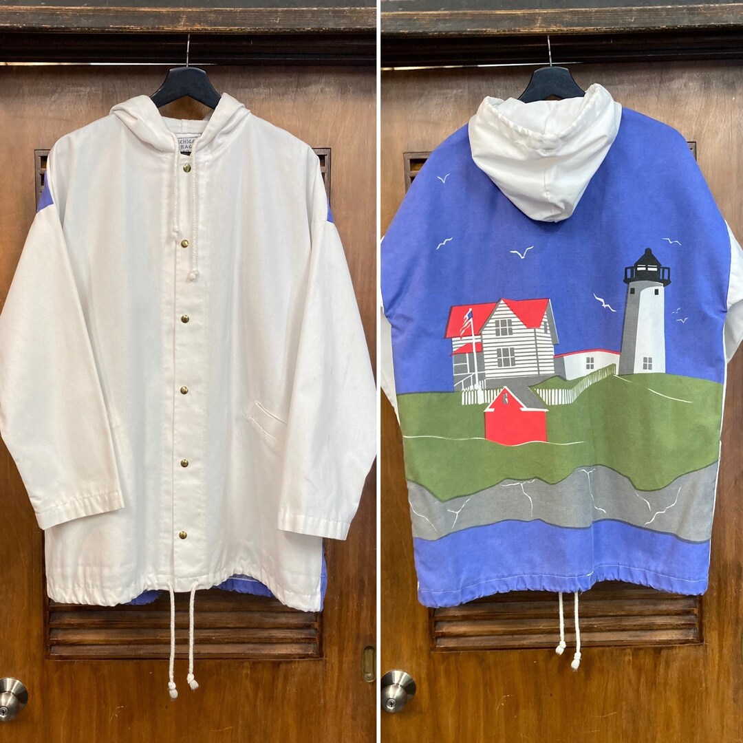Vintage 1980’s “michigan Rag” Lighthouse Panel Hooded Beach Jacket, 80 ...