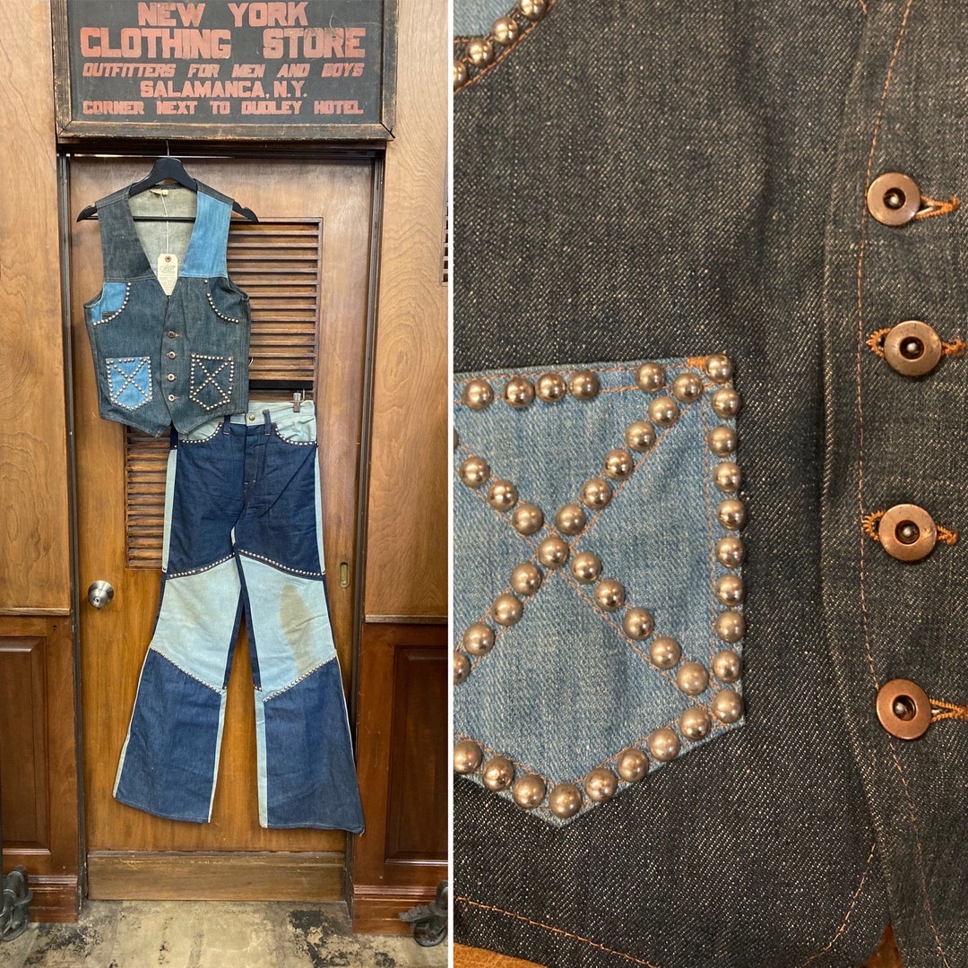 Vintage 1970’s Amazing Studded Denim Two Piece Glam Disco Mod Vest ...