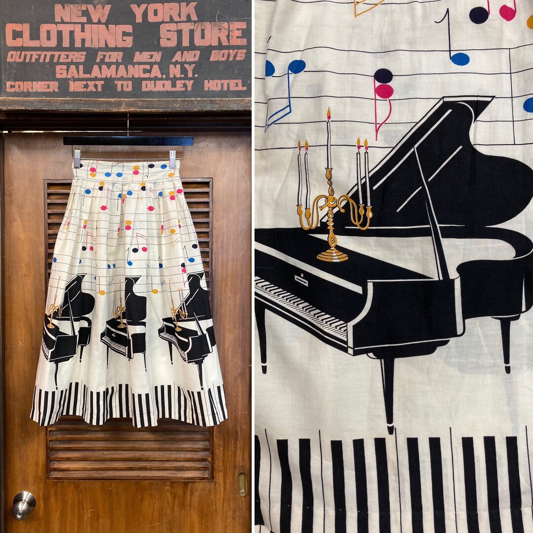 Vintage 1950’s Atomic Piano Music Note Cotton Border Print Rockabilly ...