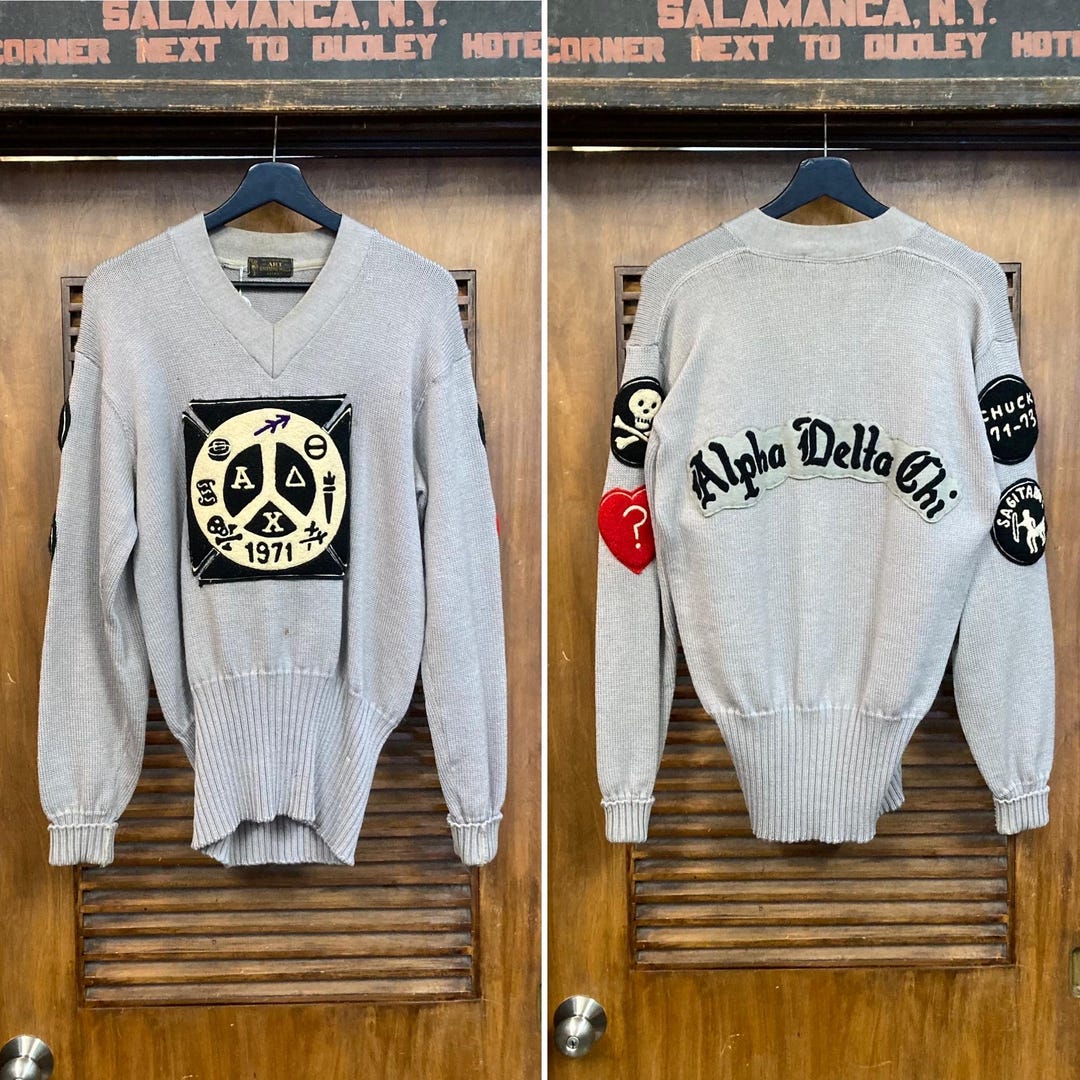 Vintage 1950’s Style 1970’s Fraternity School Sweater Skull, Crossbones ...