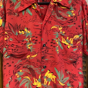 Vintage 1940s Cartoon Natives Tropical Tiki Rayon Hawaiian Shirt, 40s ...