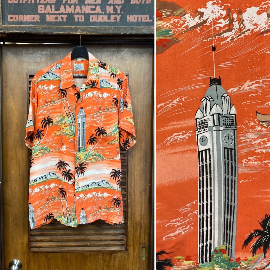 Vintage 1950s Aloha Tower X Surfer Tropical Tiki Crepe Hawaiian Shirt ...