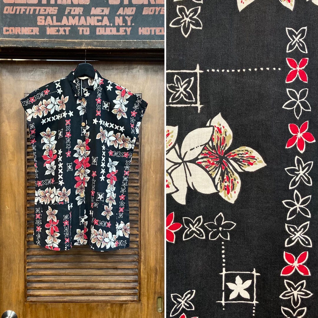 Vintage 1950’s “hookano” Black Background Atomic Floral Tiki Cotton ...