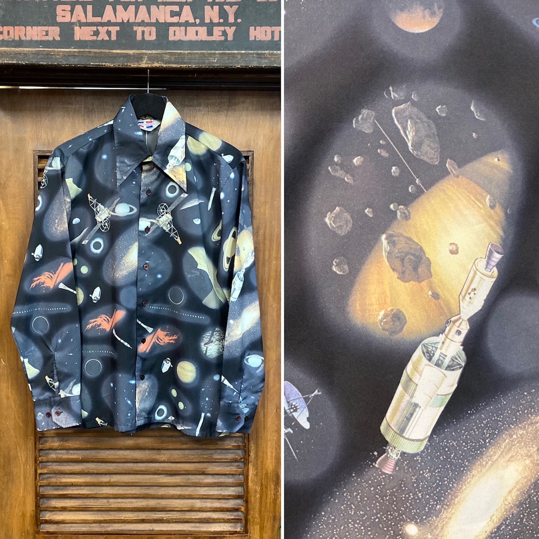Vintage 1970’s Sci Fi Outer Space Planets Disco Poly Rocketship Shirt ...