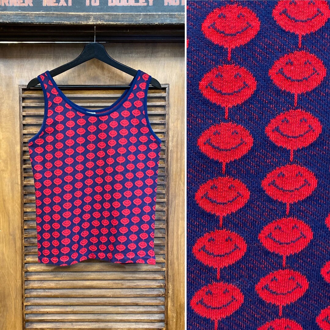 Vintage 1960’s Smiley Face Cotton Mod Blue X Red Tank Top Shirt, Tee ...