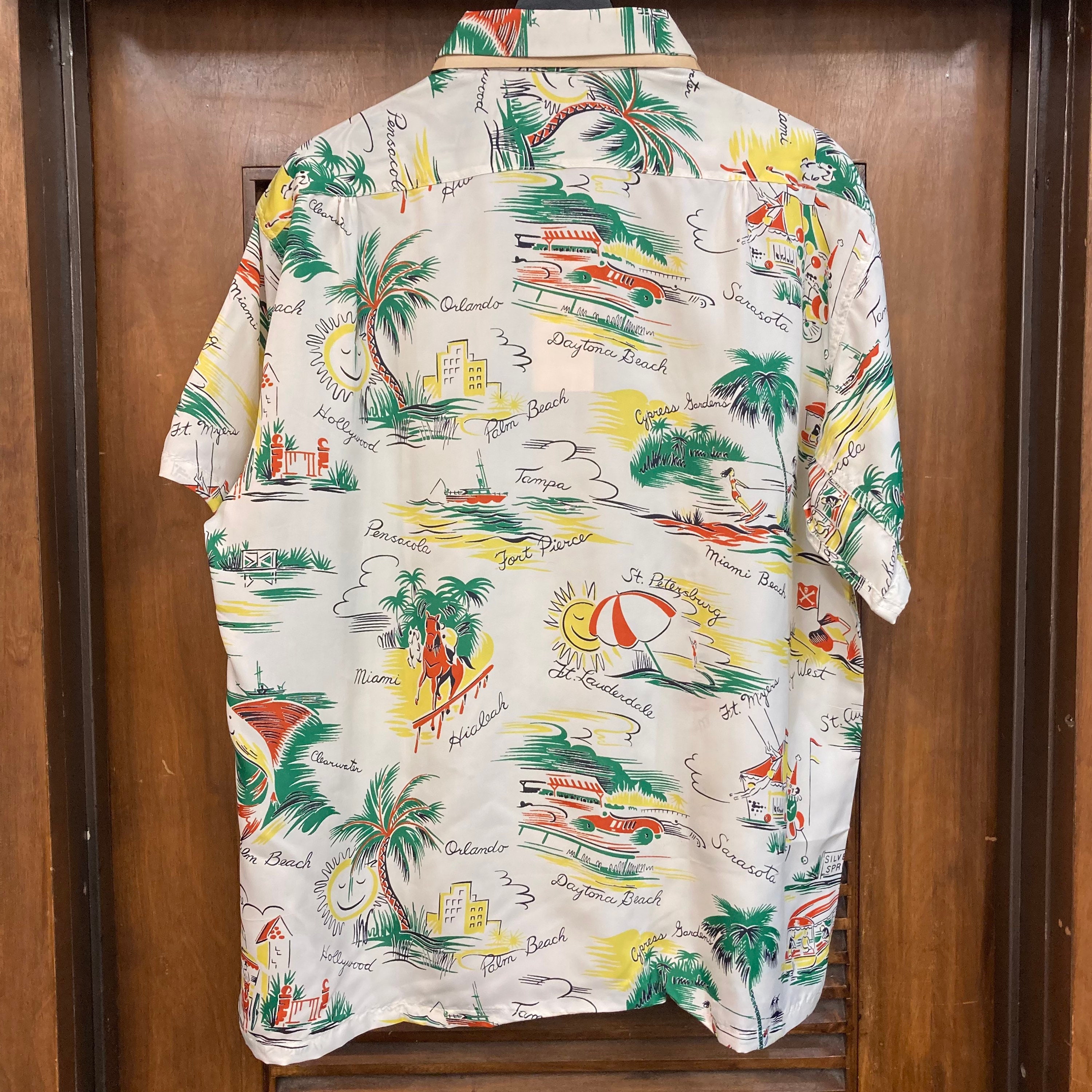 Vintage 1950s Deadstock Florida Cartoon Travel Silky Rayon Hawaiian ...