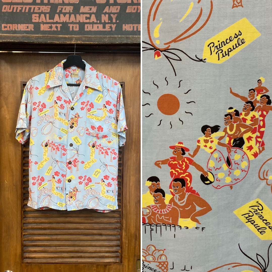 Vintage 1940’s Hula Girl Cartoon Tropical Tiki Rayon Print Hawaiian ...