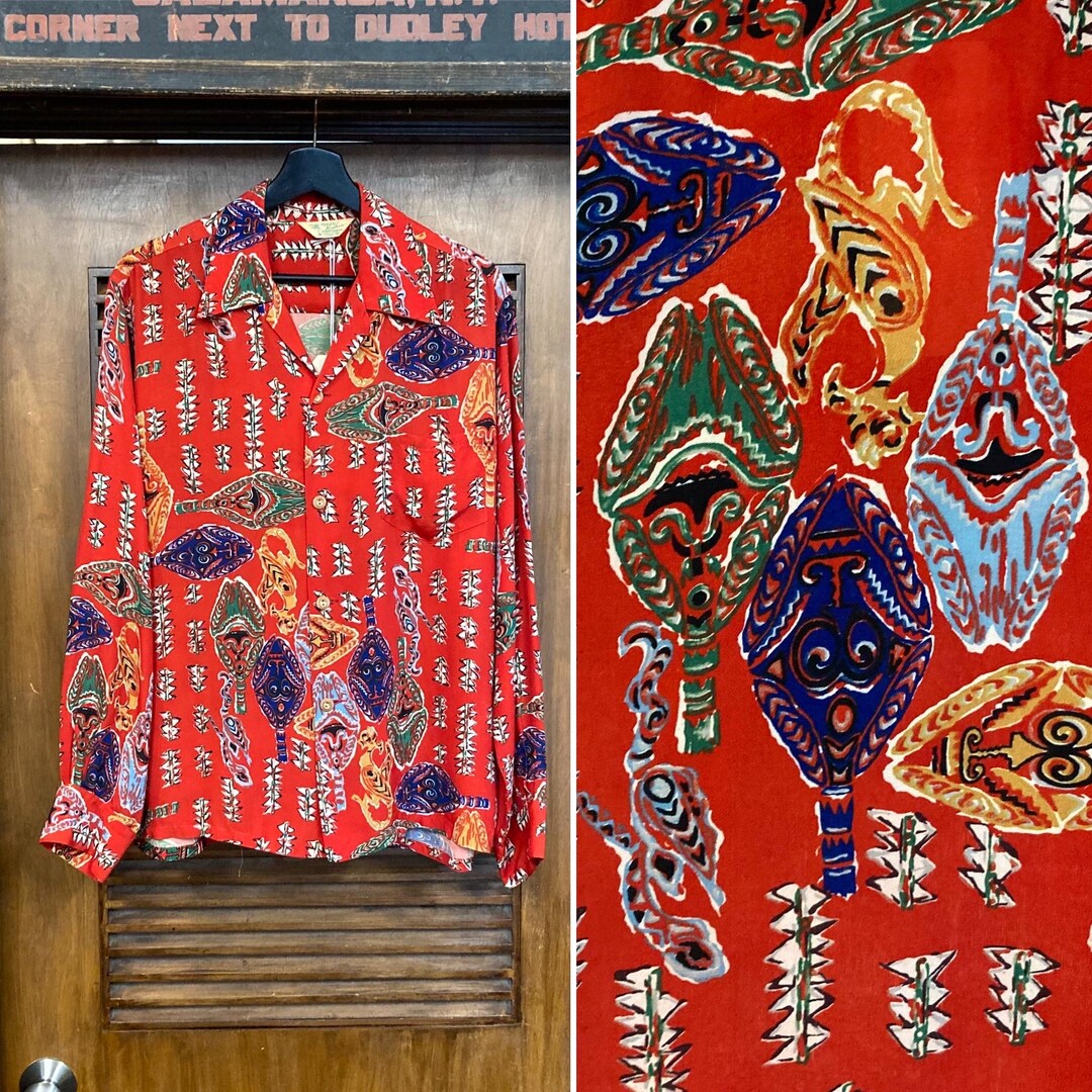 Vintage 1950’s Tribal Tiki Atomic Crepe Long Sleeve Hawaiian Shirt ...
