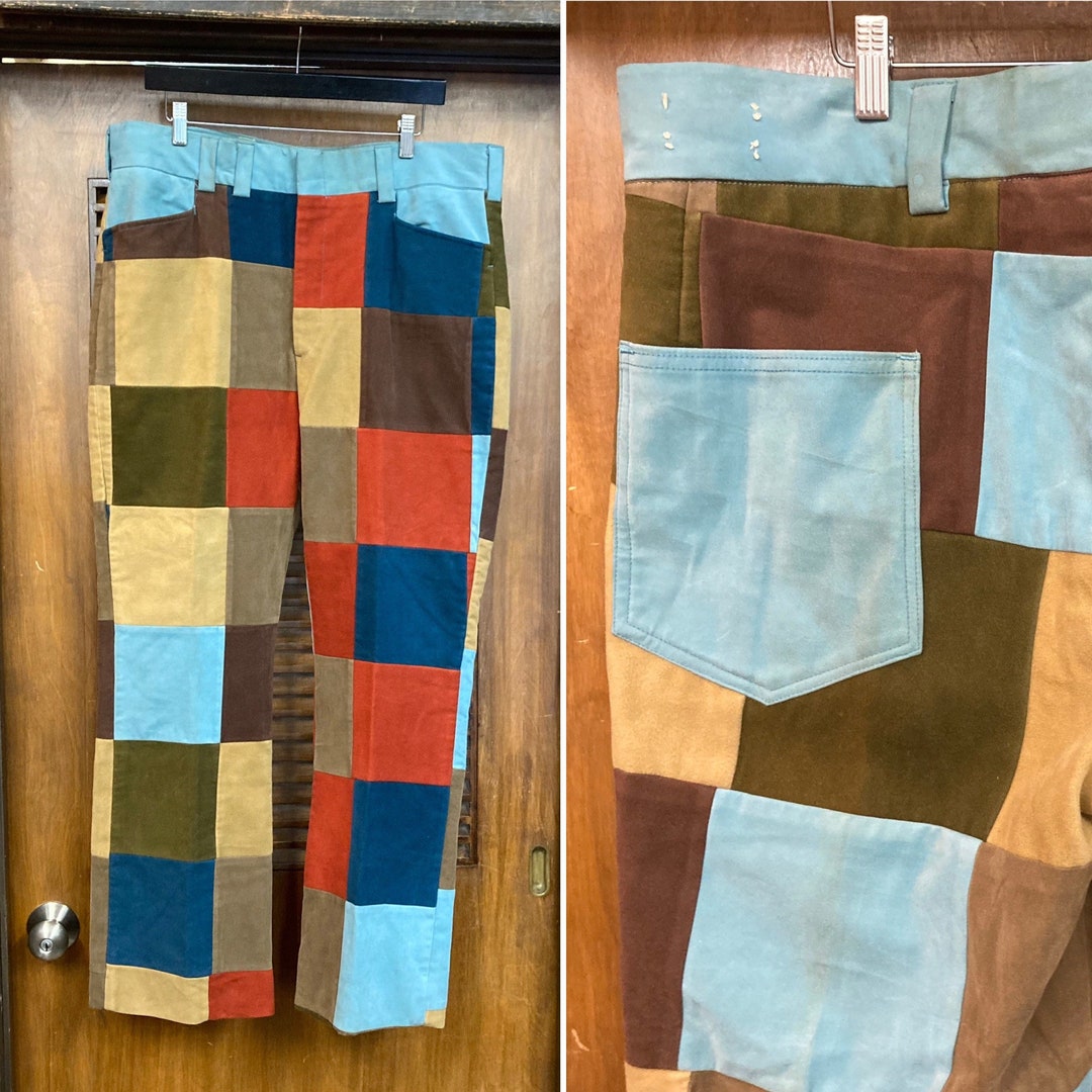 Vintage 1960s W 39 Patchwork Mod Velvet Flat Front Trousers Pants, 60s ...