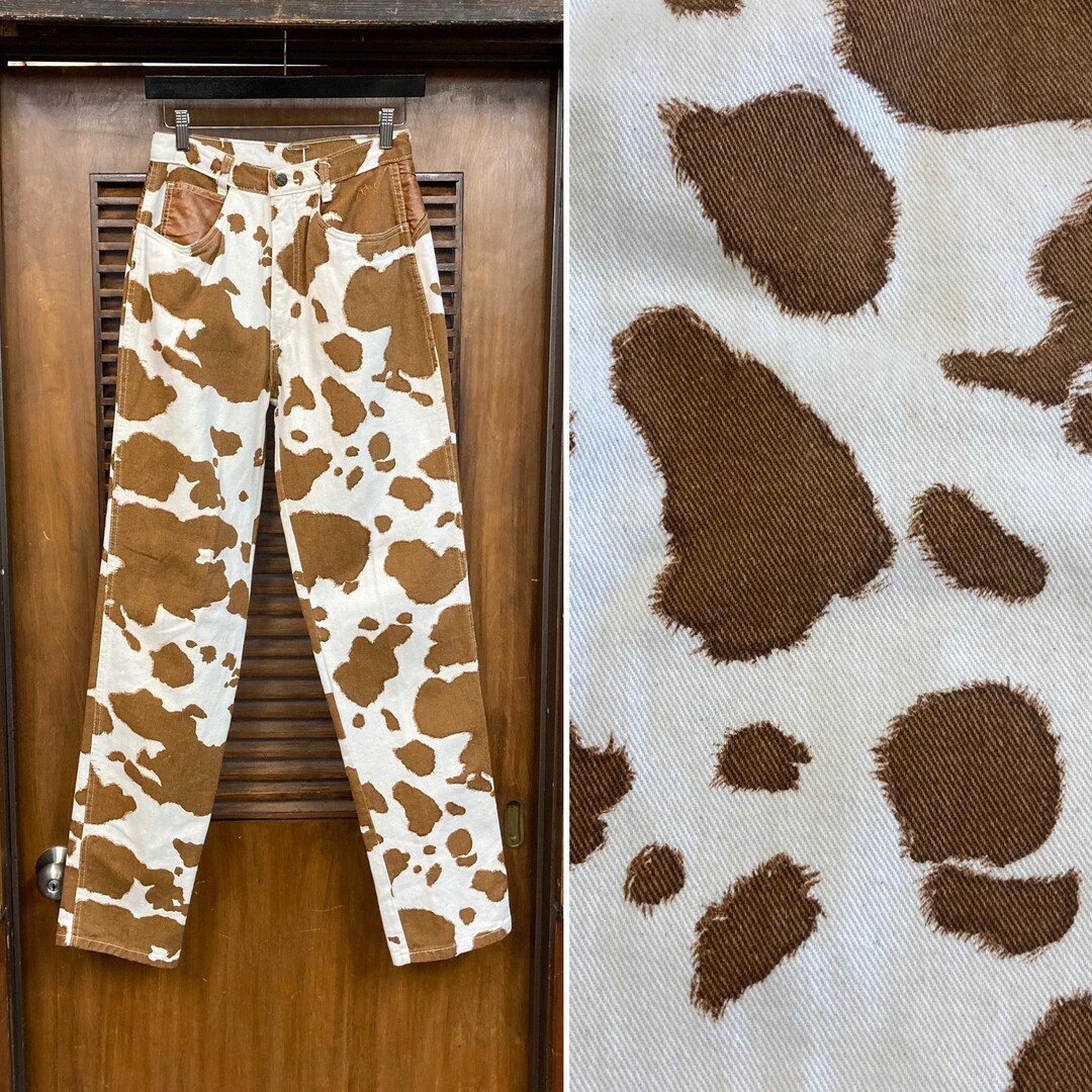 Vintage 1980s W27 Cow Print Denim Cotton New Wave Western Jeans Pants ...
