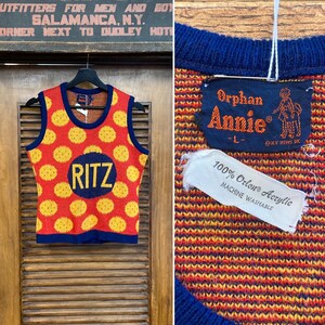 Vintage 1970s Ritz Crackers Mod Glam Intarsia Print Sweater Vest, 70s ...