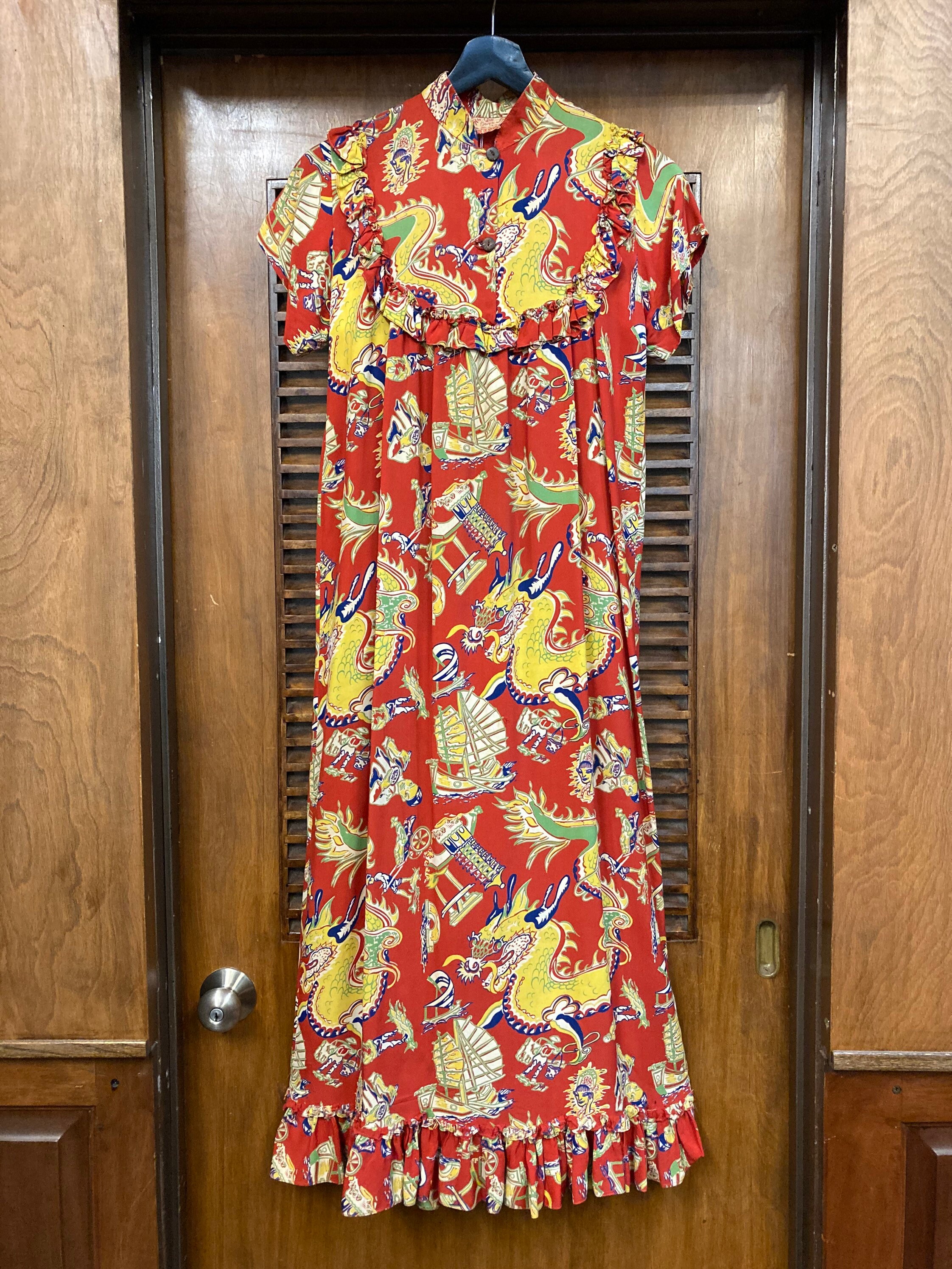 Vintage 1940s Asian Dragon Print Rayon Hostess Hawaiian | Etsy