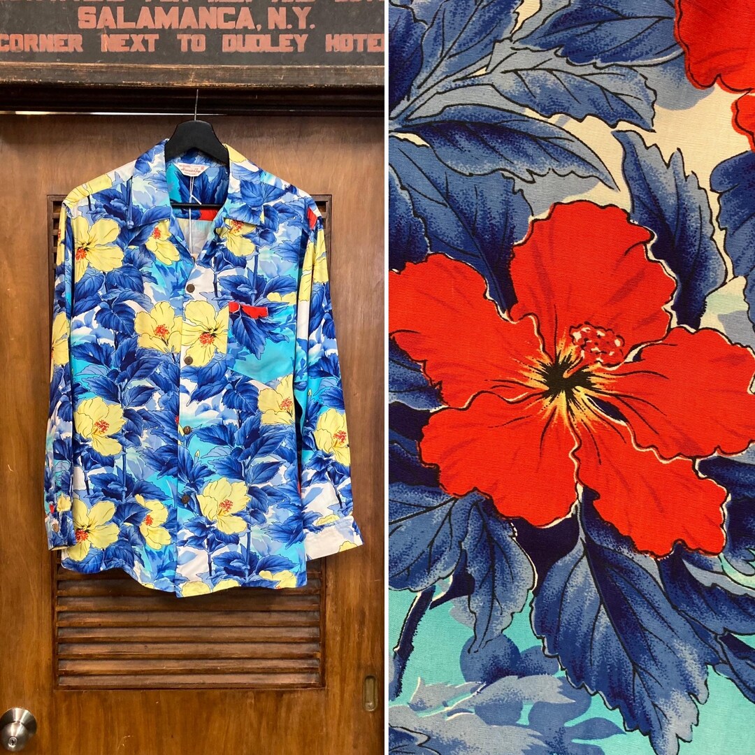 Vintage 1950s Original hawaiian Togs Tropical Floral Rayon Long Sleeve ...