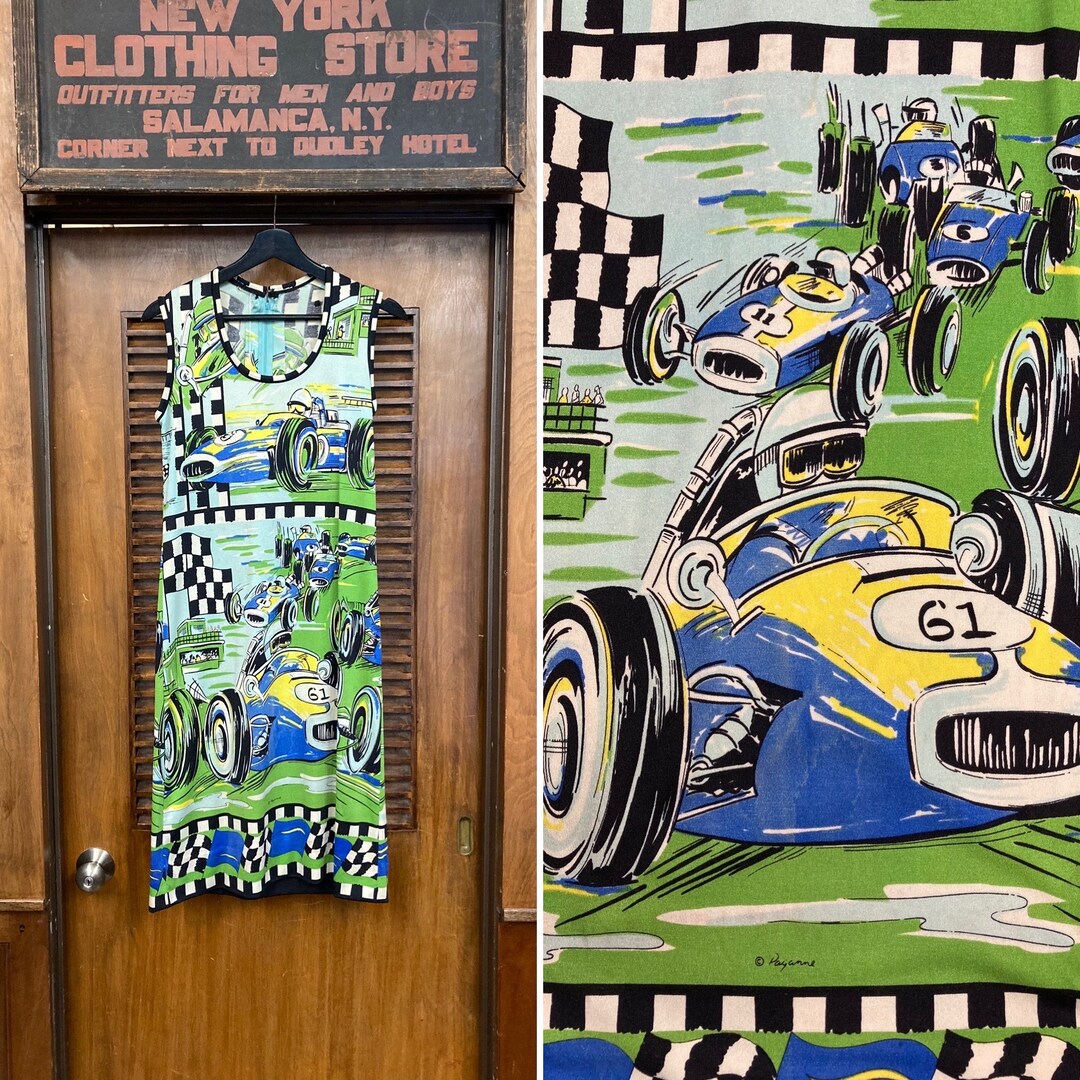 Vintage 1960s paganne Gene Berk Race Car Mod Style Tank Print Dress ...
