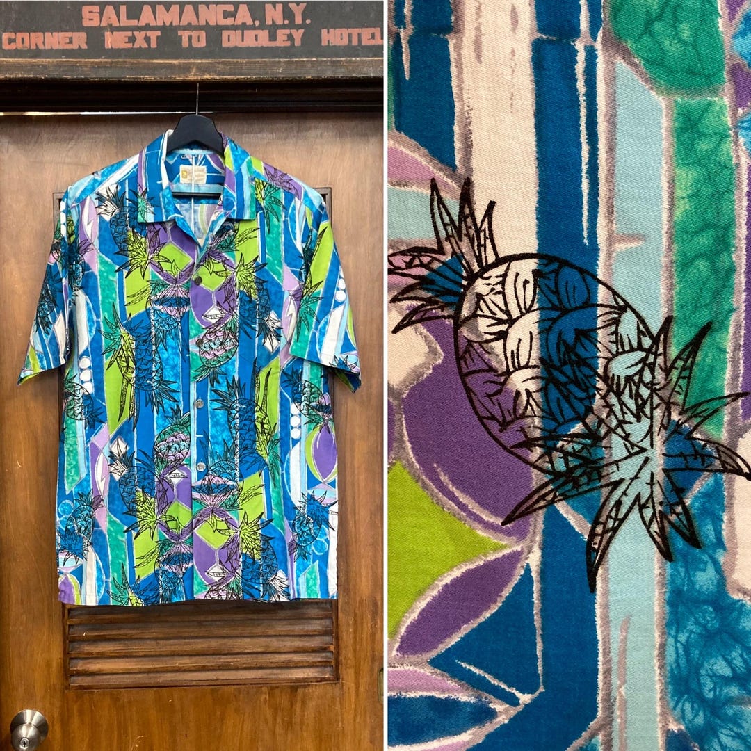 Vintage 1950’s Atomic Mod Pineapple Polished Cotton Tiki Hawaiian Shirt ...