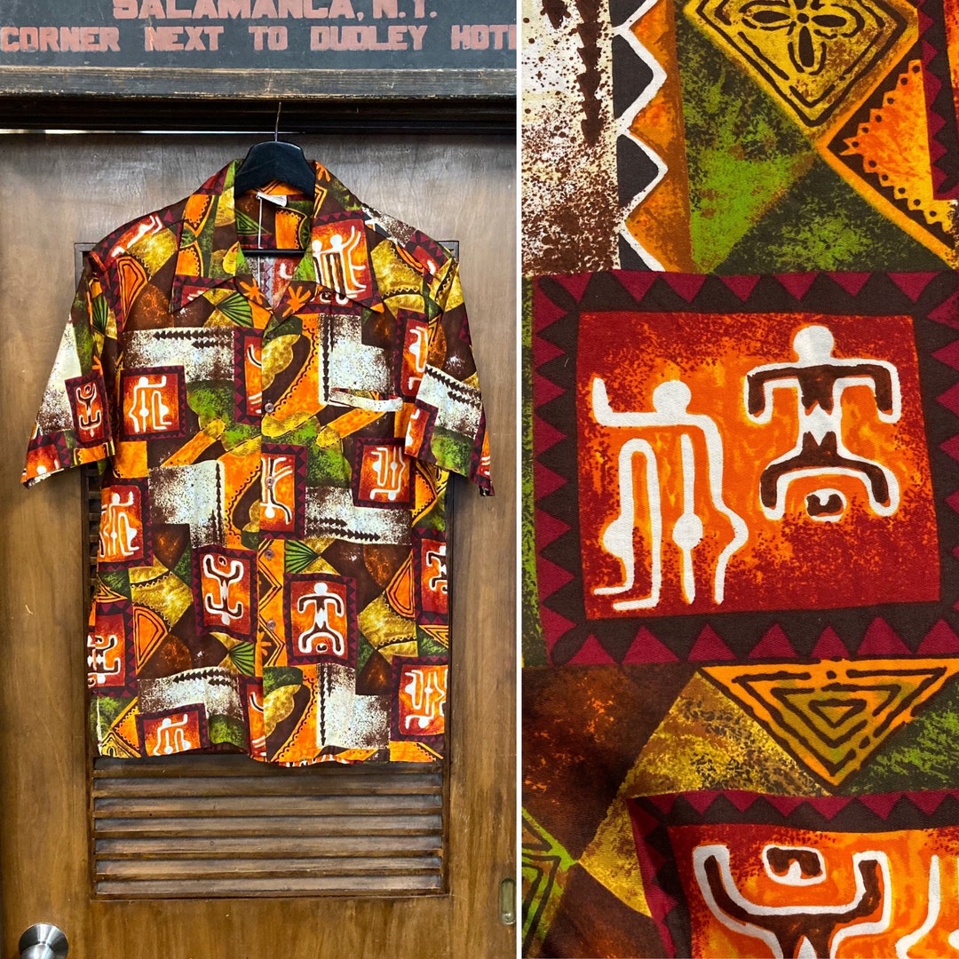 Vintage 1960’s Atomic Mod Petroglyph Cotton Pop Art Loop Collar Tiki ...