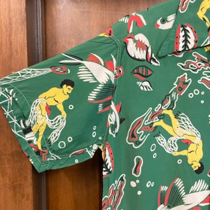 Vintage 1940’s Cartoon Torch Fisherman Silky Rayon Hawaiian Shirt ...