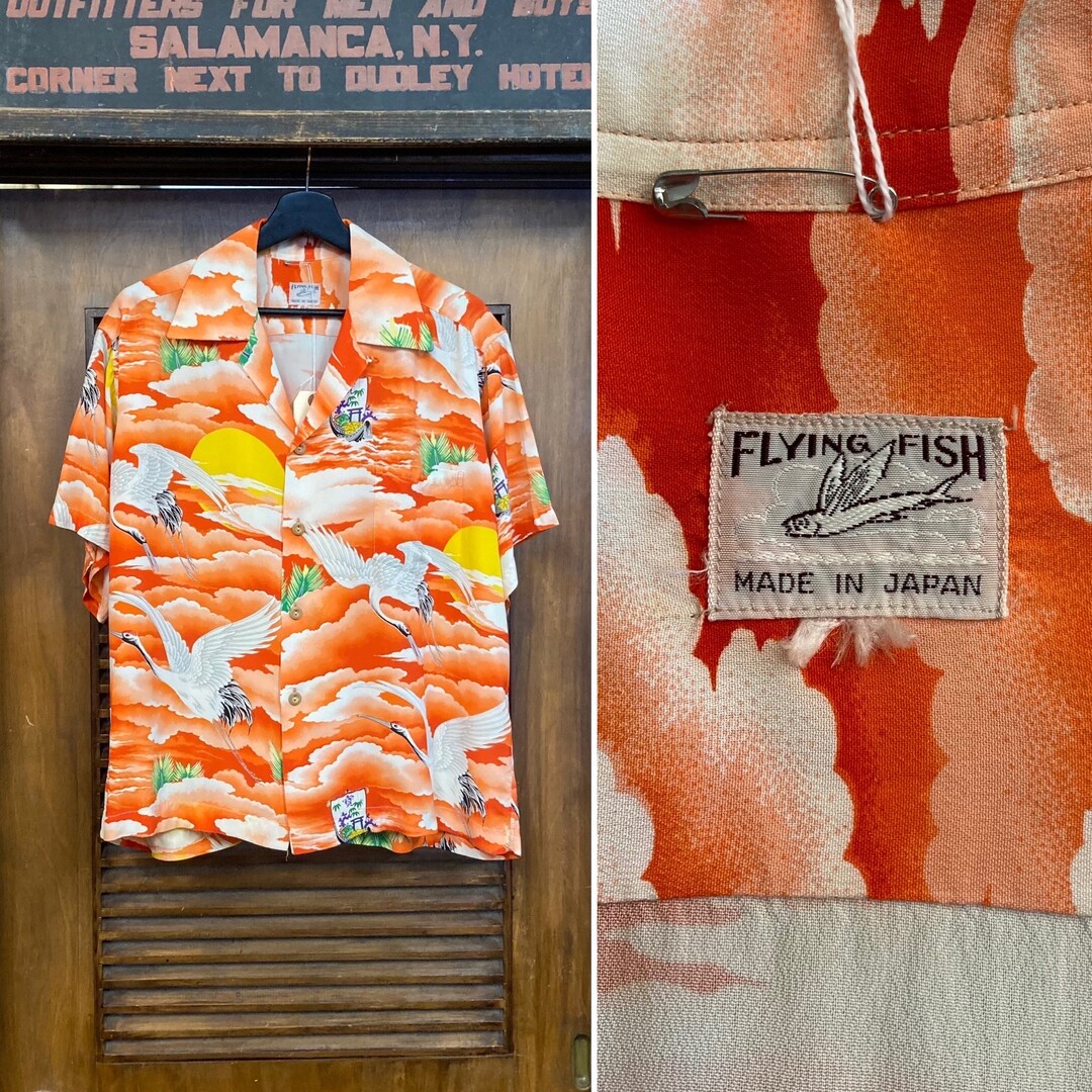 Vintage 1950s Size L flying Fish Label Asian Cranes Crepe Hawaiian ...