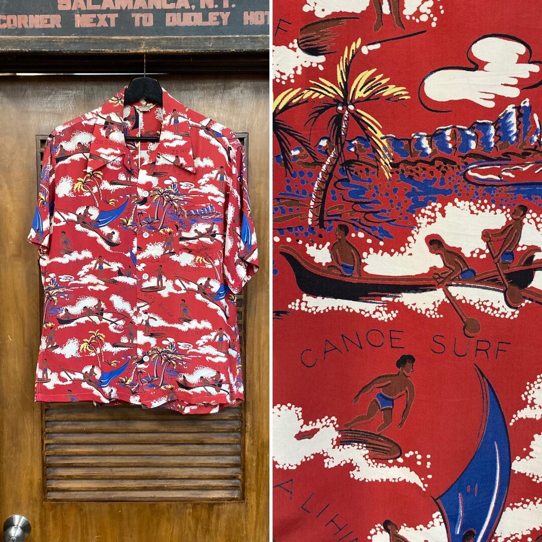 Vintage 1940’s Cartoon Surfer Tropical Tiki Silky Rayon Hawaiian Shirt ...