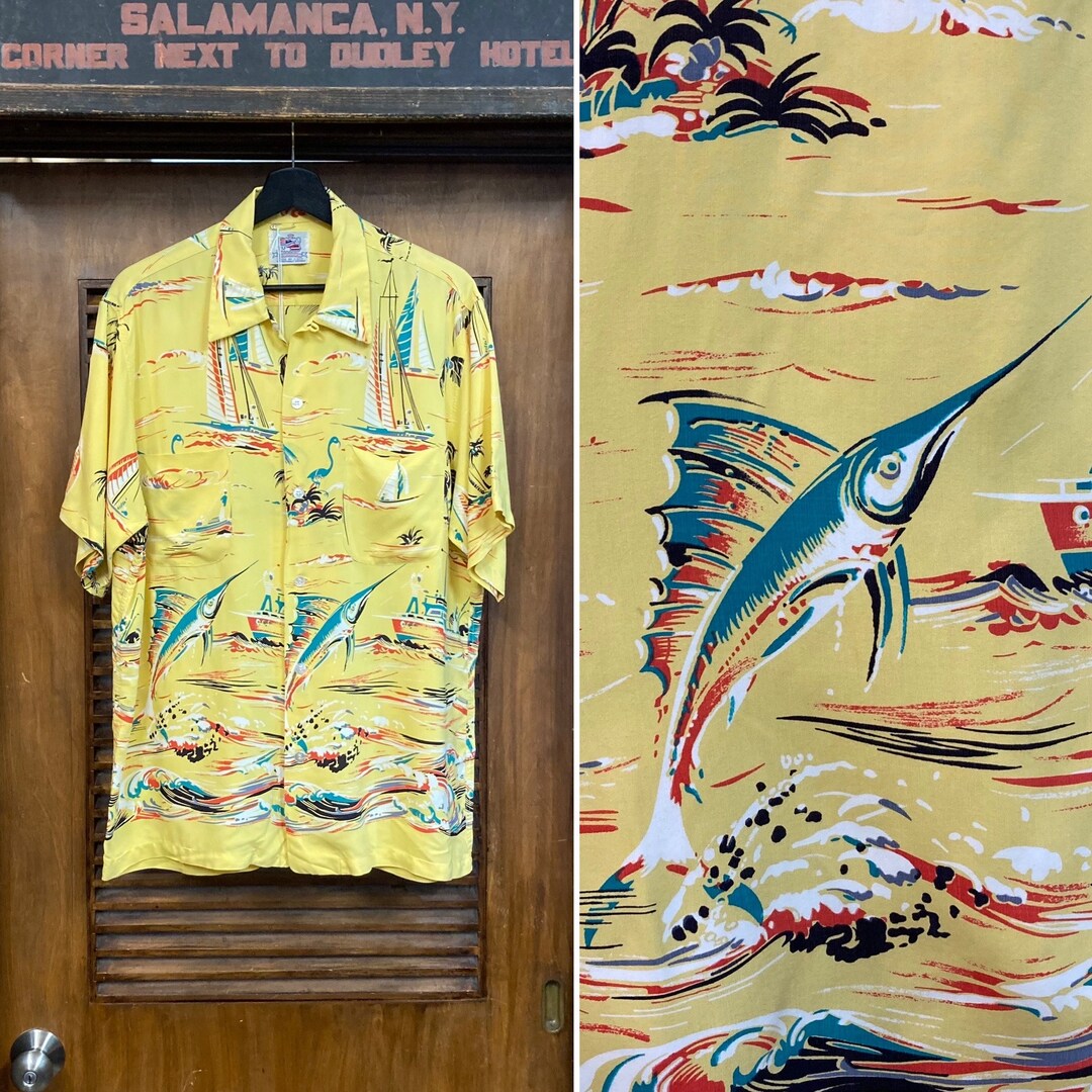Vintage 1950’s Size L “duke Kahanamoku” Marlin Border Print Rayon ...