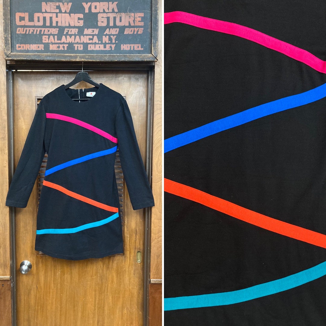 Vintage 1980s Mod New Wave Knit Neon Stripe Black Shift Dress, Mod ...