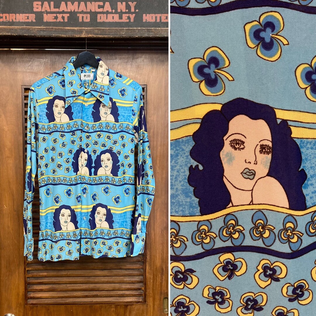 Vintage 1970’s Glam Mod Disco Cartoon Lady Floral Poly Shirt, 70’s ...