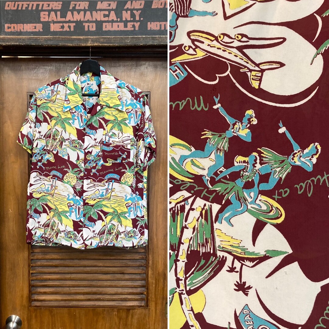 Vintage 1940s Tropical Cartoon Natives Hula Girl X Airplane Rayon ...