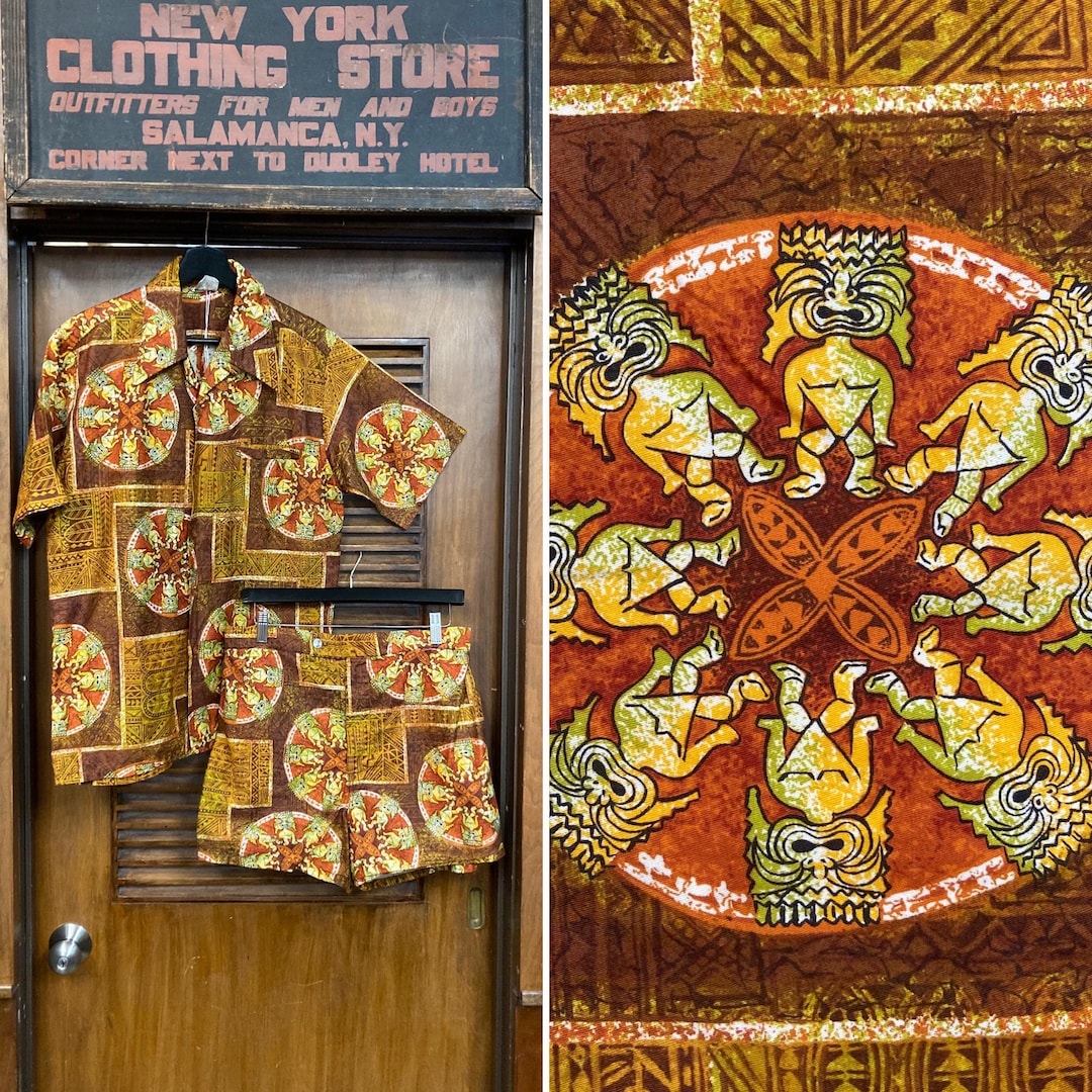 Vintage 1960’s Atomic Mod Tiki Cotton Two Piece Cabana Set Hawaiian ...