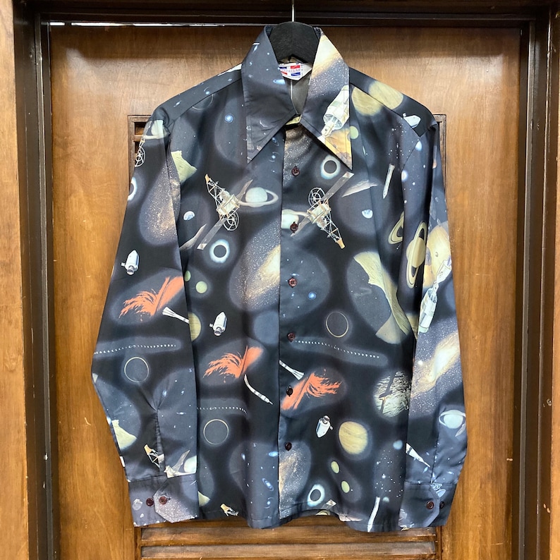 Vintage 1970’s Sci Fi Outer Space Planets Disco Poly Rocketship Shirt ...