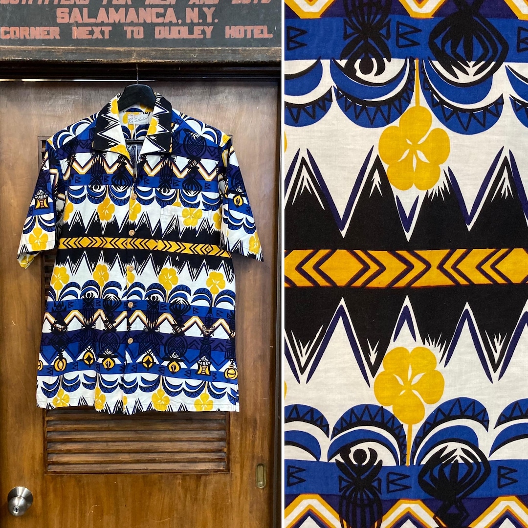 Vintage 1950’s Atomic Border Cotton Tiki Loop Collar Hawaiian Shirt, 50 ...