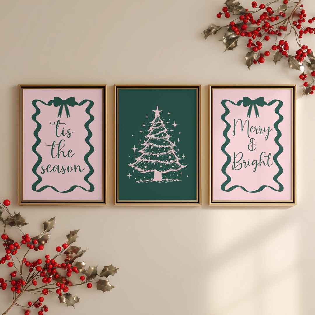 Christmas Wall Art Print – Pink & Green Holiday Home Decor (digital ...