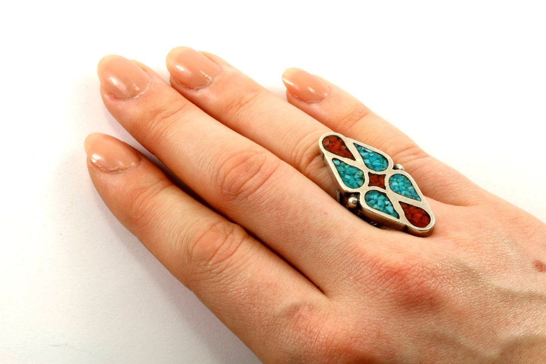 Vintage Size 6.75 Navajo Rhombus Shape Spider Web Turquoise Coral Heavy ...
