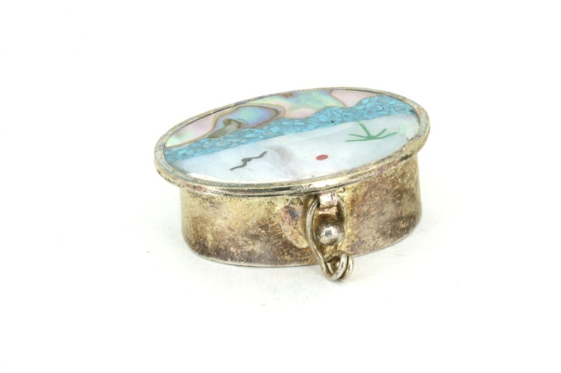 Vintage Small Turquoise Abalone Mother of Pearl Snuff Pill Box Silver ...
