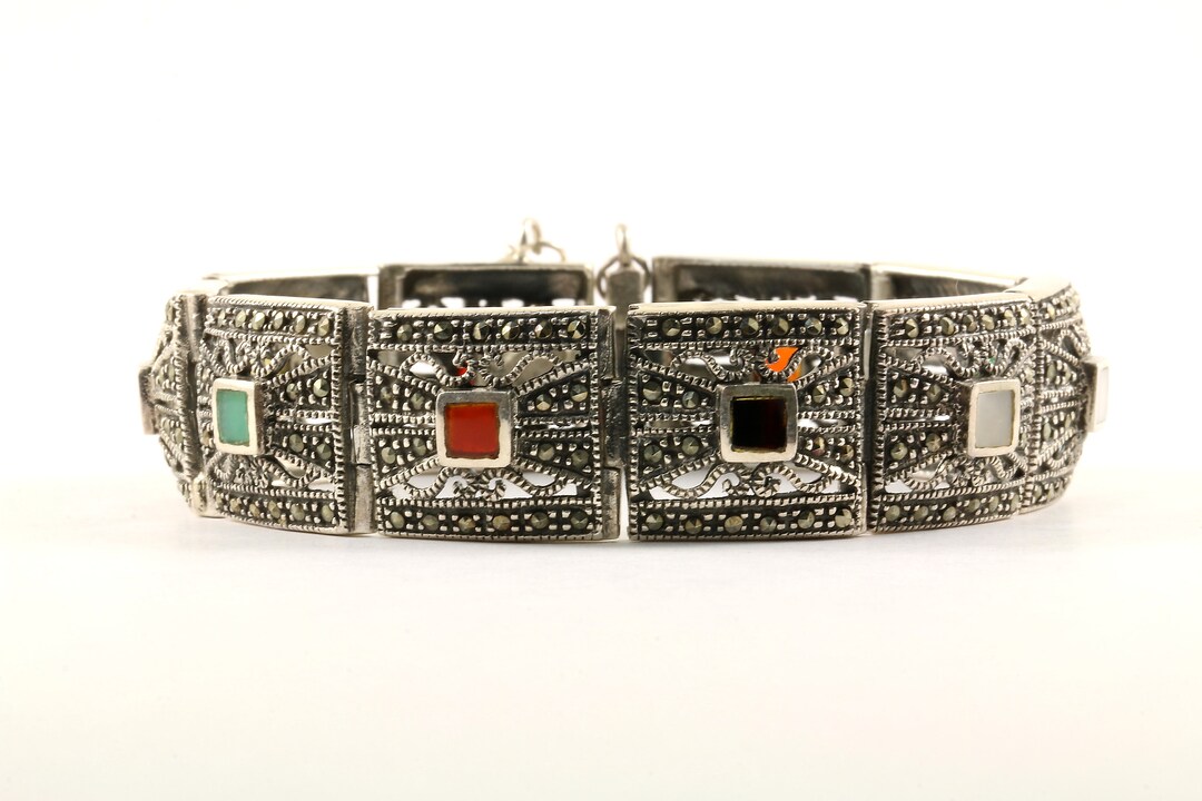 Vintage Multi Color Marcasite Design Square Links Bracelet Sterling BR ...