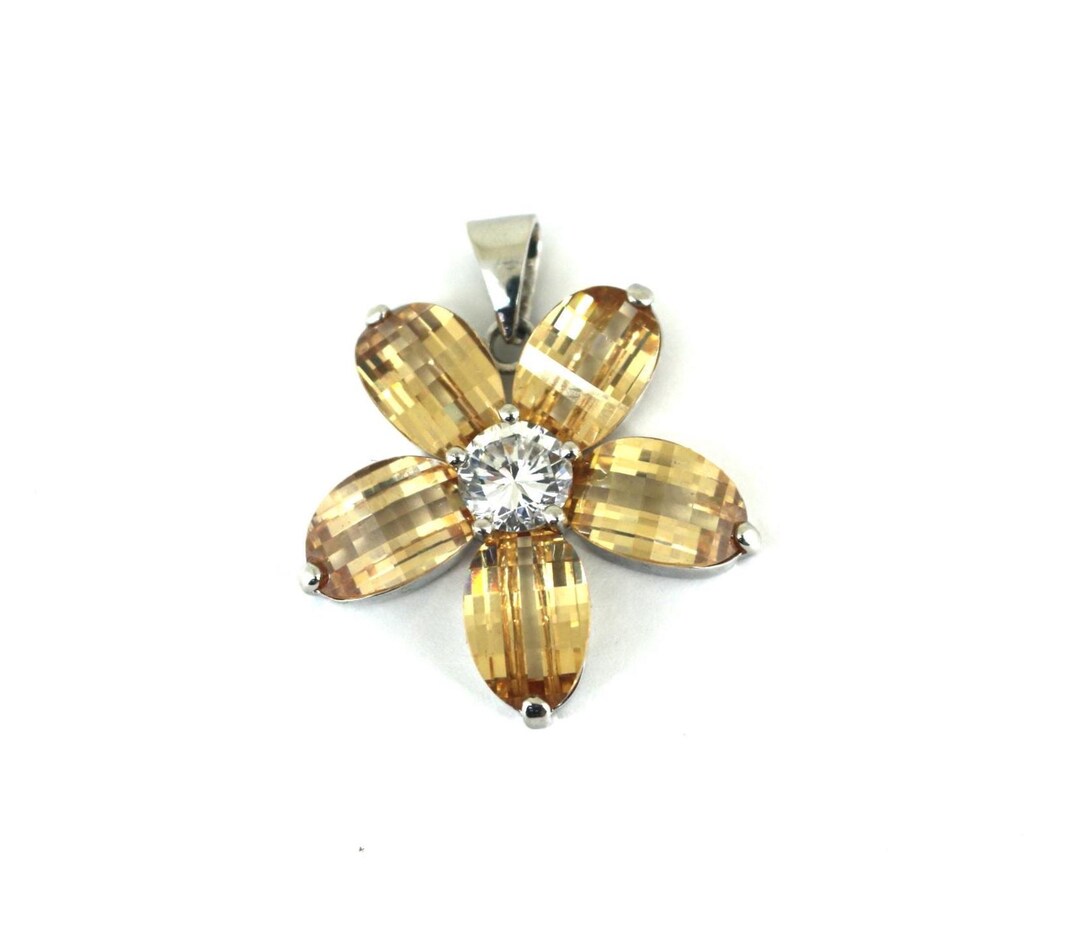 Vintage Chunky Flower Inlaid White & Yellow CZ Crystals Design Silver ...