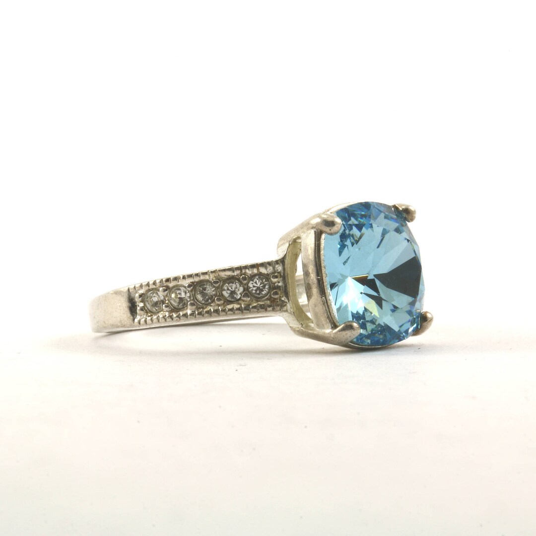 Vintage Size 7 Women's Cushion Cut Blue Color Crystal Ring 925 Sterling ...