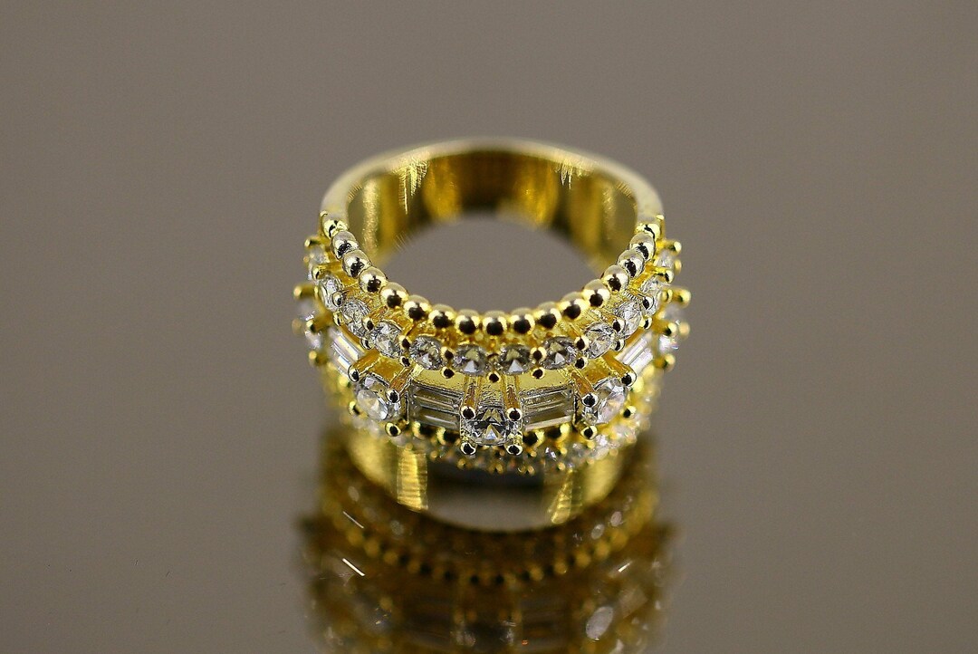 Vintage Size 7 Beads Beaded Lines Stripes White Crystals CZ Gold Plated ...