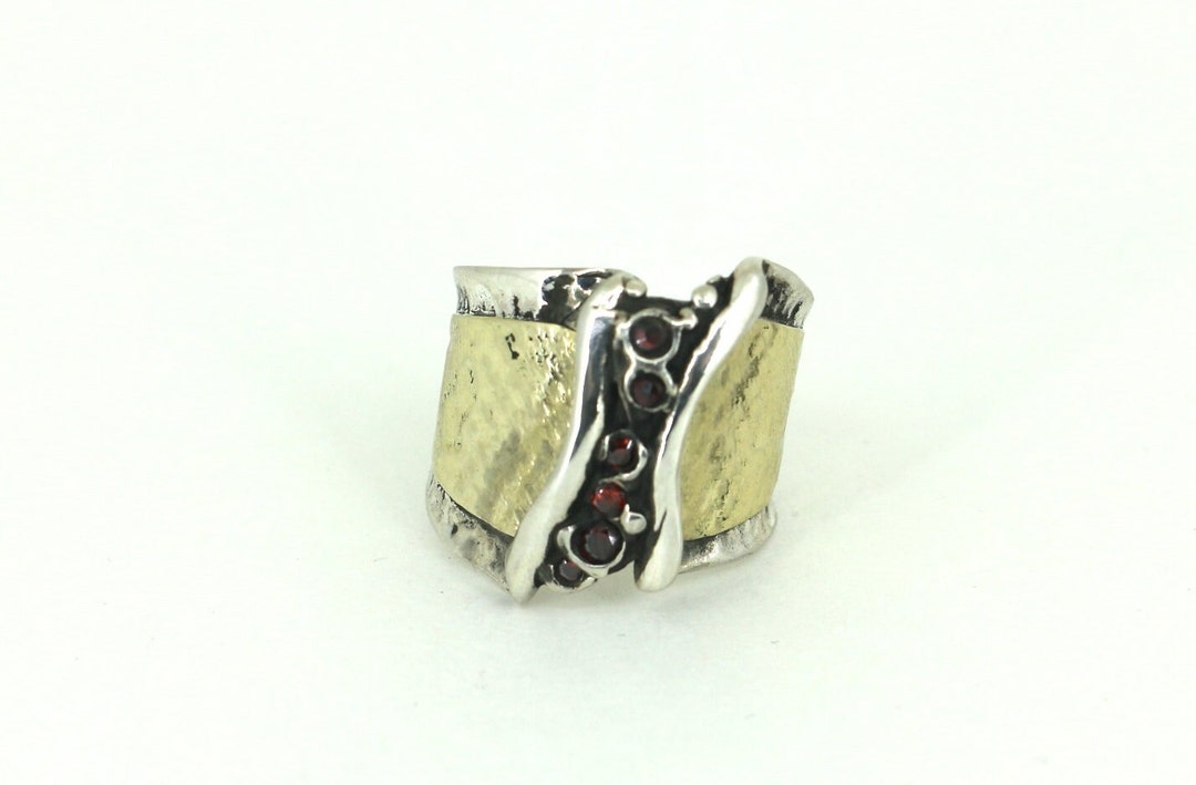 Vintage Amir Poran 14K Hammered Gold Two Tone Red CZ Ring Sterling 925 ...