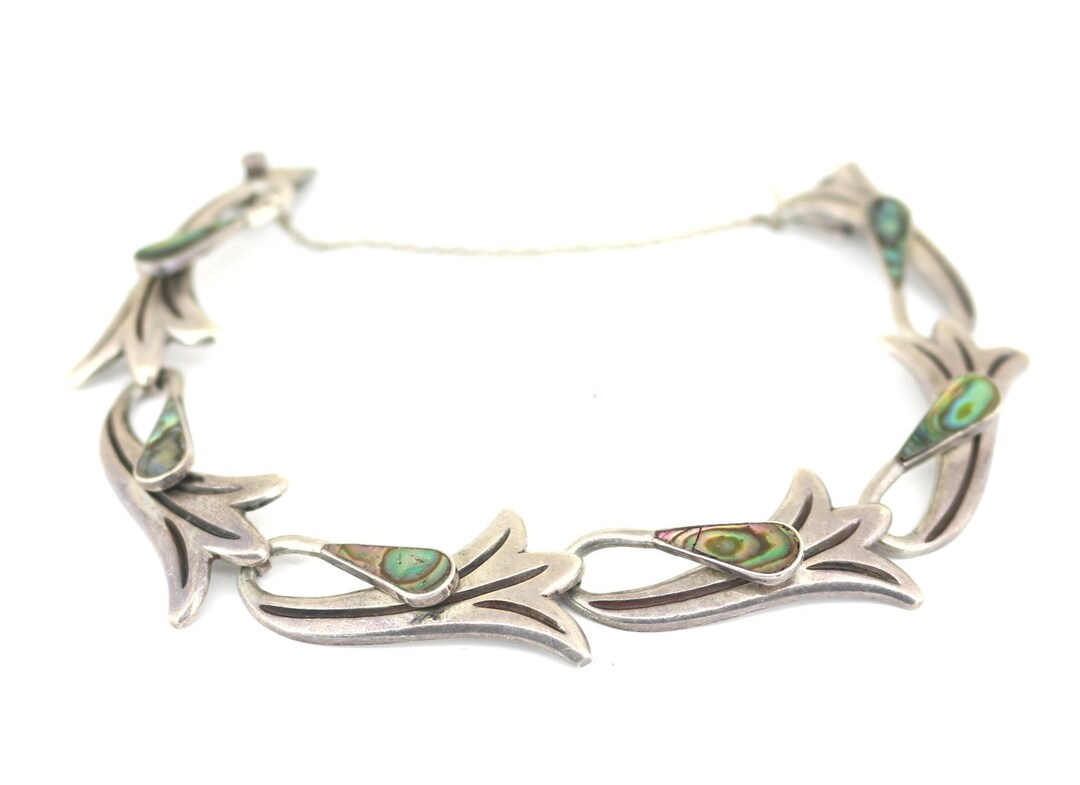 Vintage Mexico Leaf Leaves Design Abalone Stone Link Bracelet Sterling ...