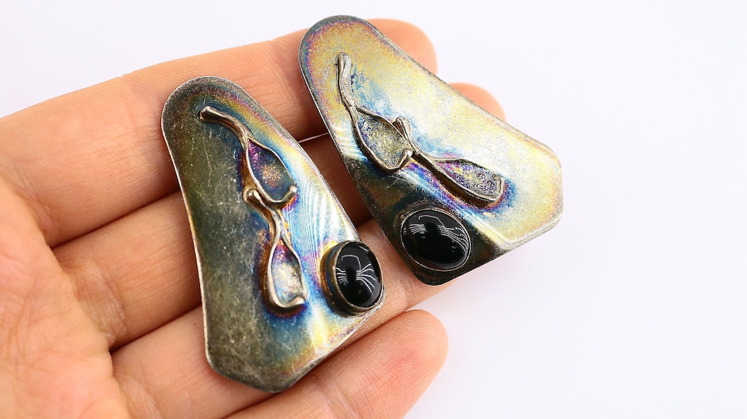 Vintage Beautiful Israel Avi Soffer Modernist Black Onyx Design Clip on ...